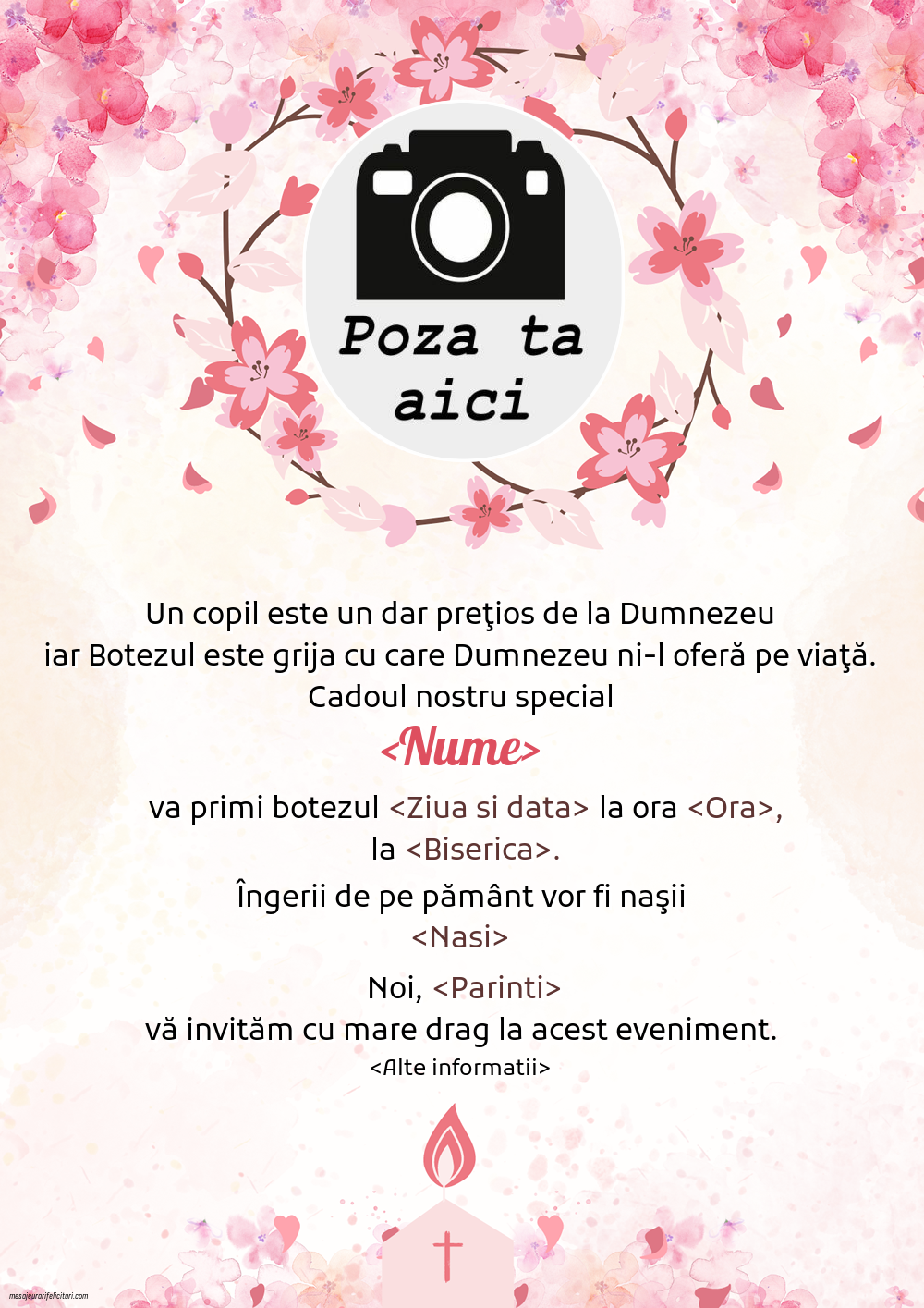 Invitație cu poză pe fundal cu flori roz pentru fete - Un copil este un ...