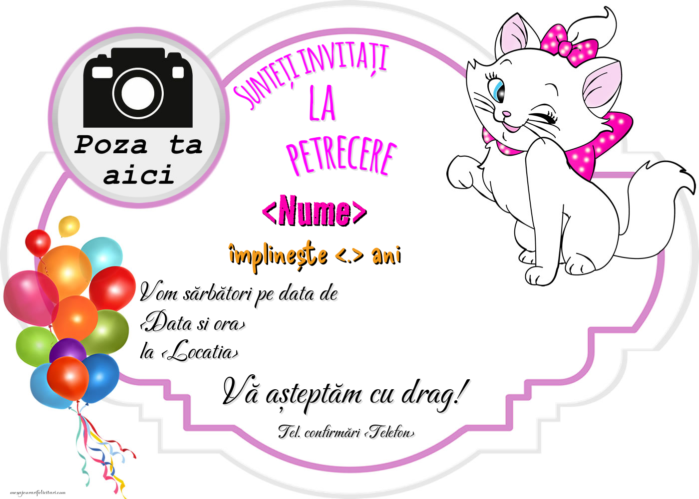 Invitație cu pisicuța Marie și poza sărbătoritei | Personalizare ...