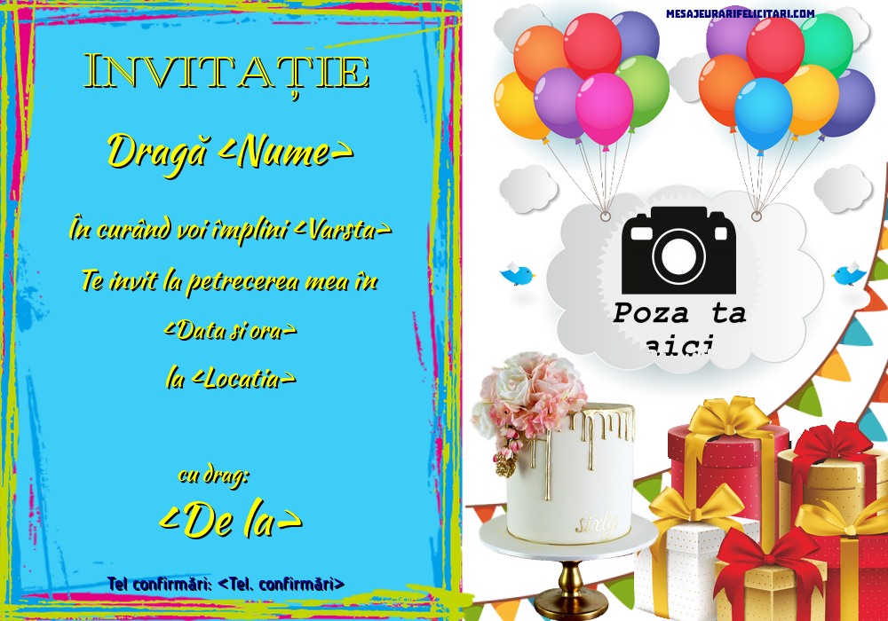 Invitație personalizata cu imaginea ta - design cu tort și cadouri ...