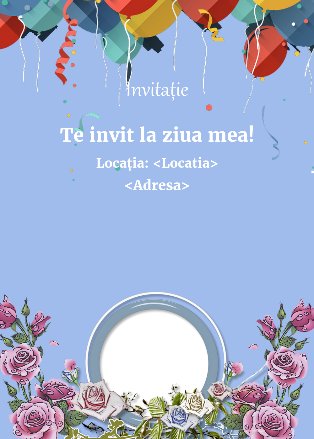 Invitație cu imaginea ta, trandafiri și baloane | Personalizare ...