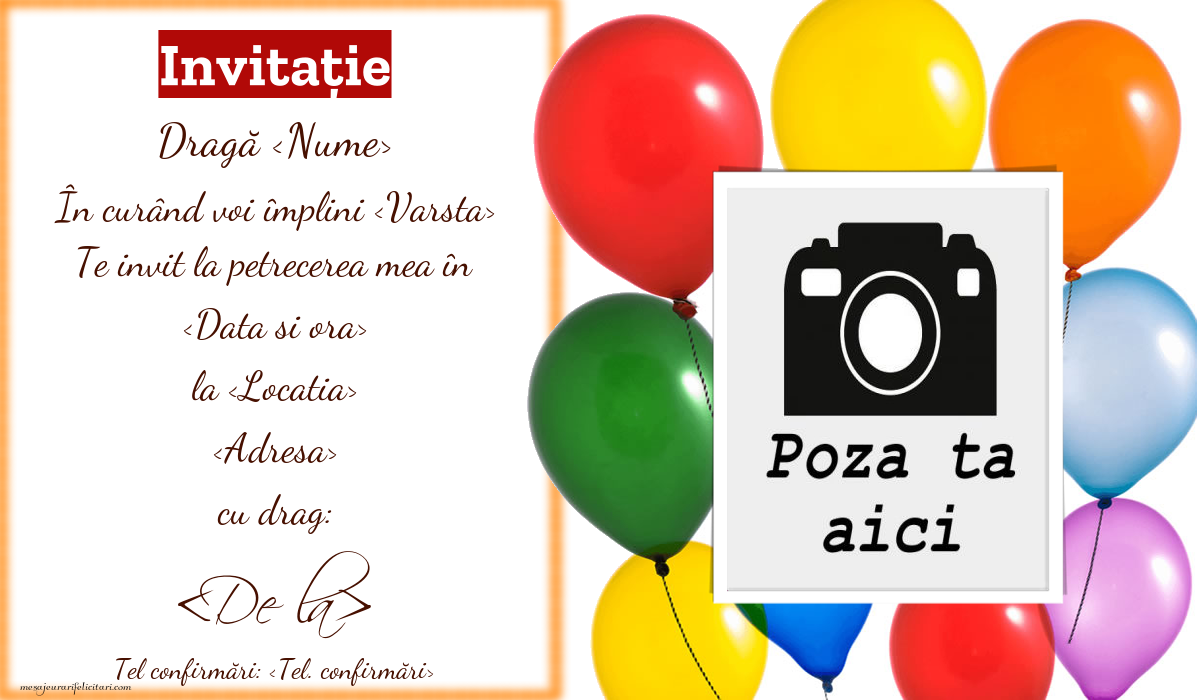Invitație personalizata cu imaginea ta in baloane colorate ...