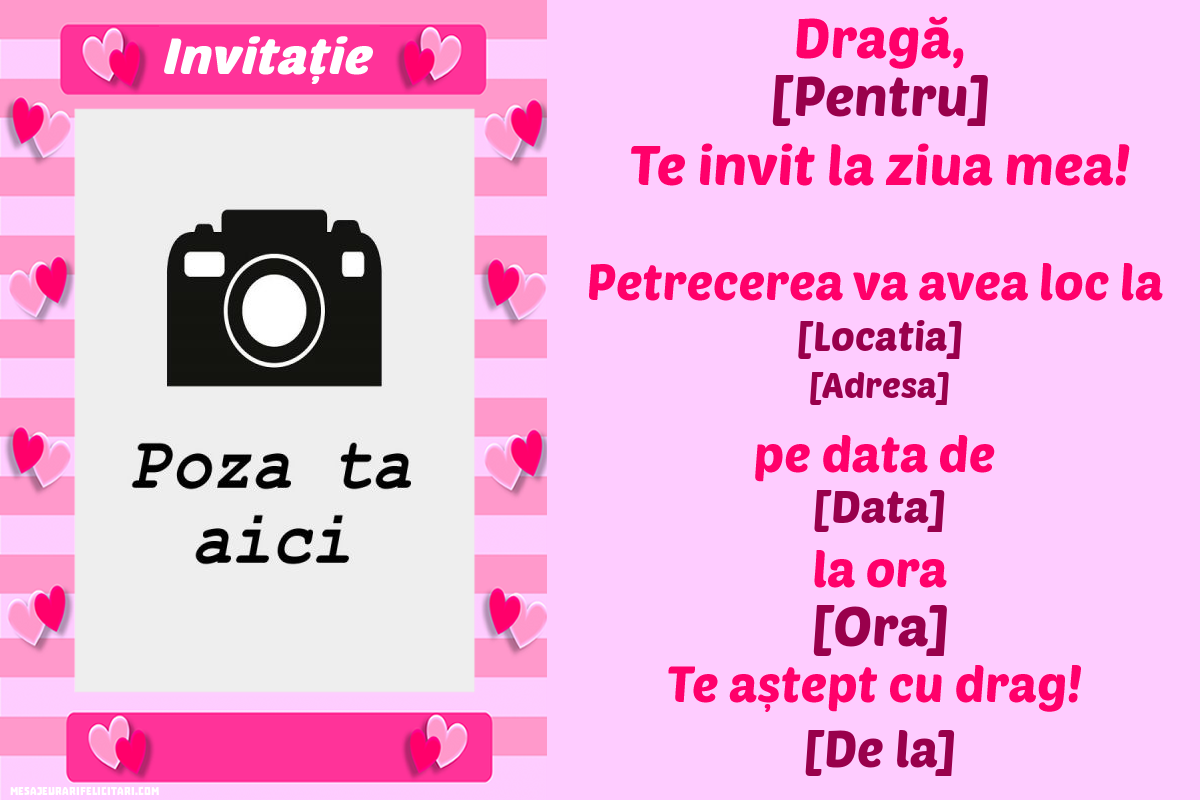 Invitatie cu poza ta cu inimioare roz pentru fete | Personalizare ...
