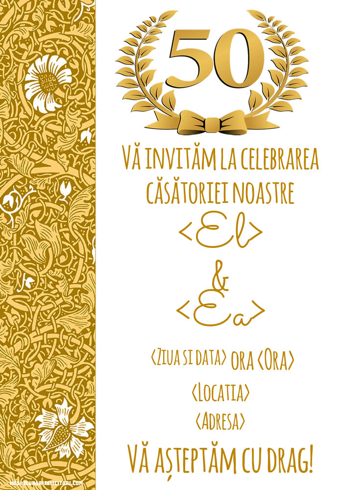 Invitație aniversare căsătorie 50 de ani - nunta de aur | Personalizare ...