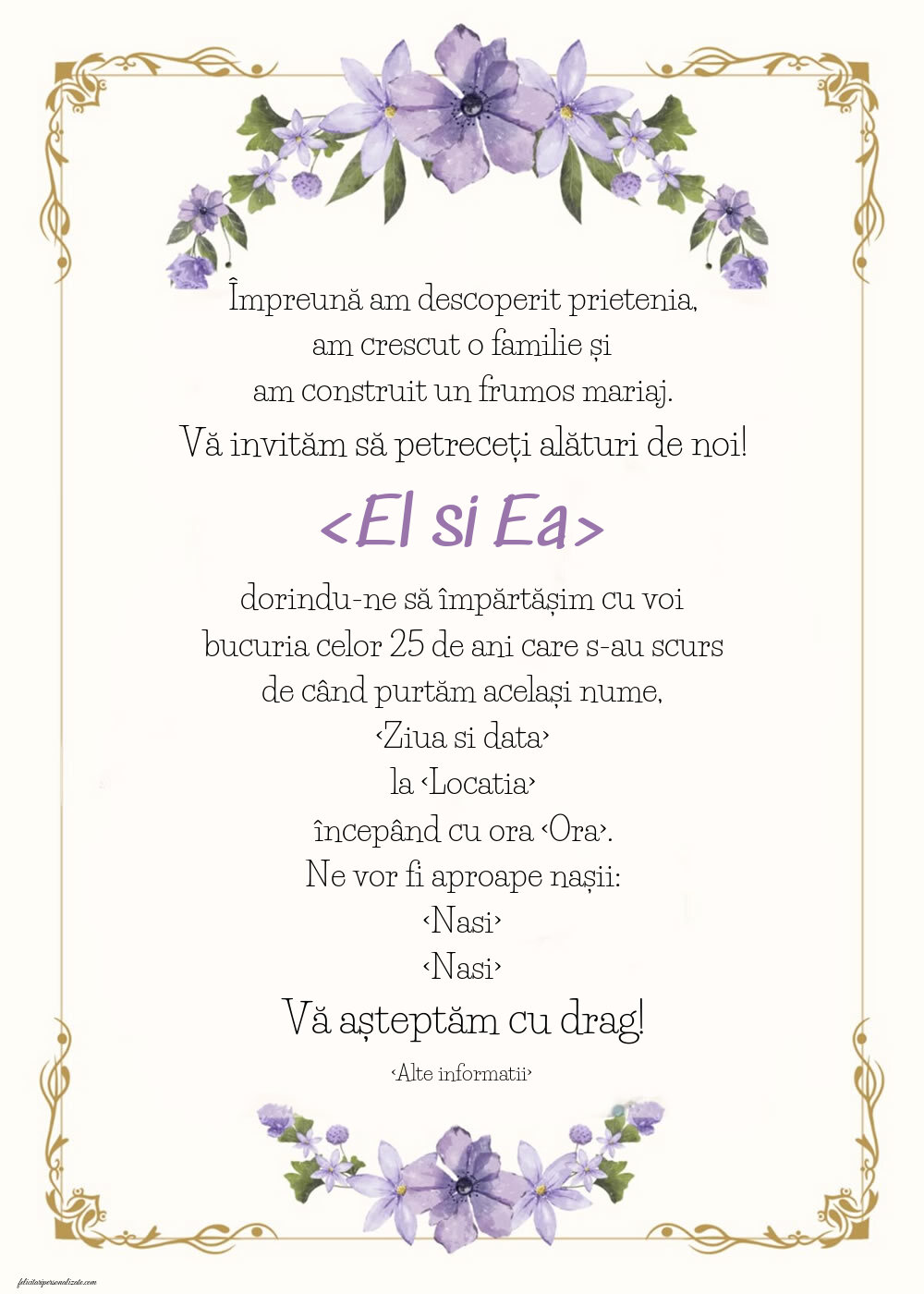 Invitație simplă design clasic floral - nunta de argint | Personalizare ...