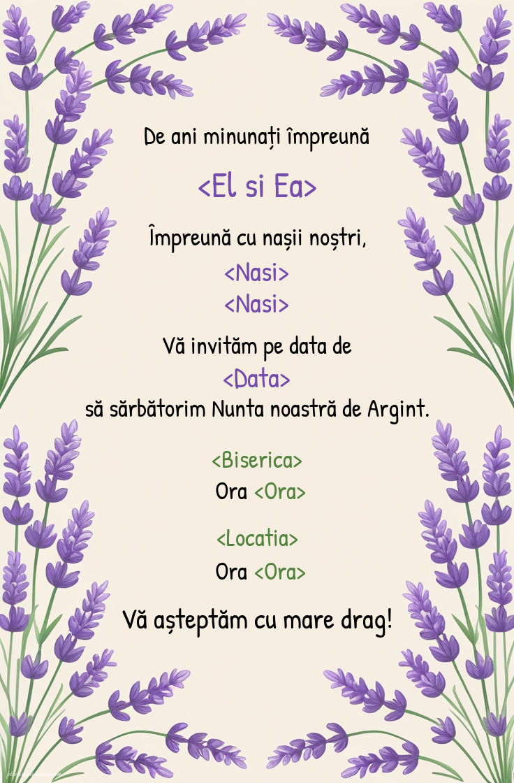 Invitație Nunta de Argint pe fundal cu lavandă | Personalizare ...