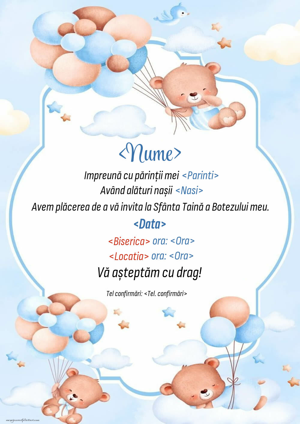 Invitație ursuleț cu baloane pentru băiat | Personalizare invitatii de ...