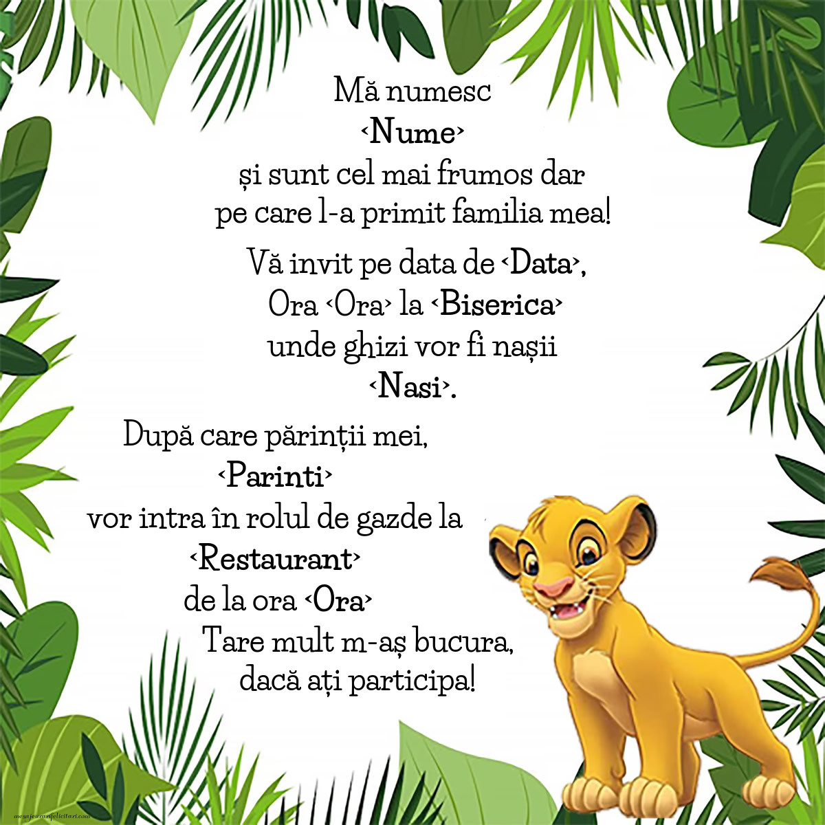 Invitație cu Simba - Regele Leu | Personalizare invitatii de Botez ...