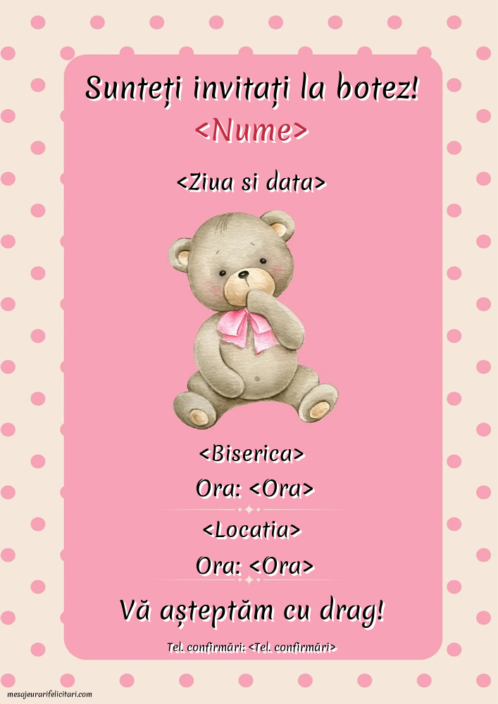 Invitație simplă cu ursuleț pe fundal roz pentru fete | Personalizare ...