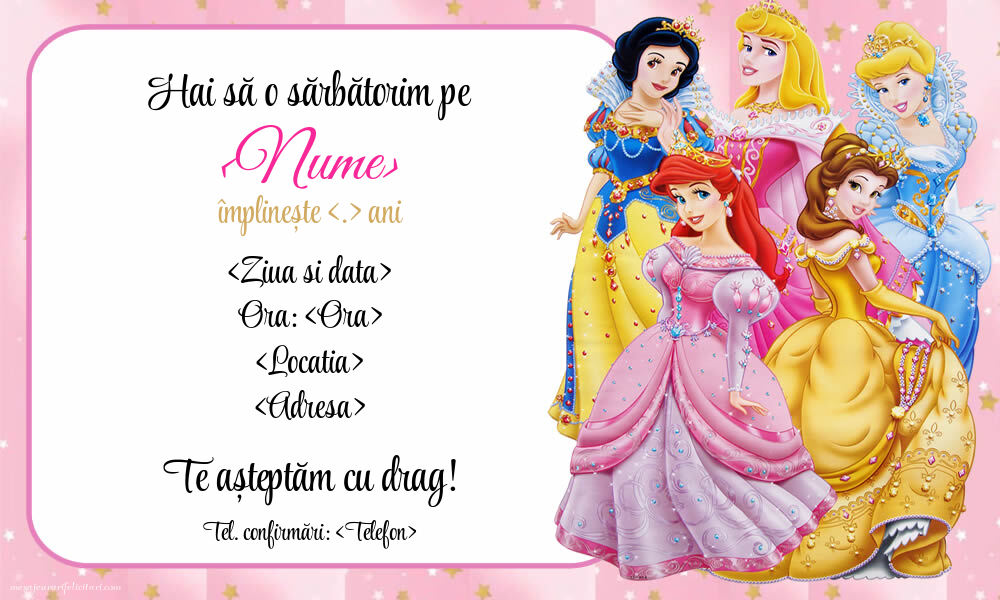 Invitație tema prințese Disney pentru fete | Personalizare invitatii la ...