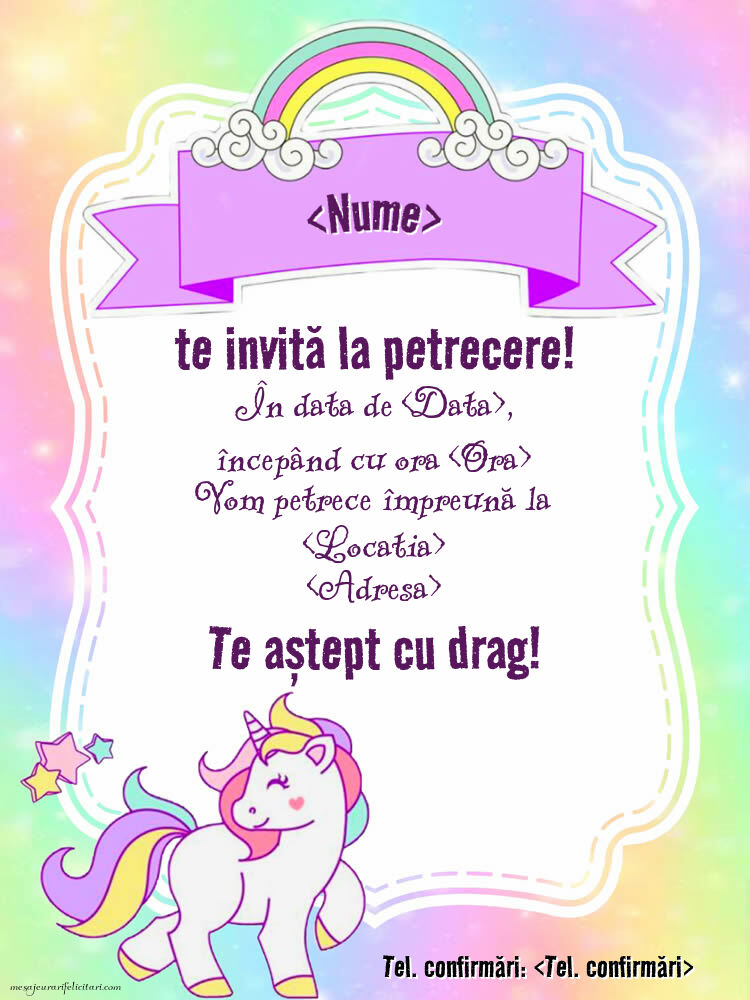 Invitație la petrecere cu tema unicroni penru fetițe | Personalizare ...