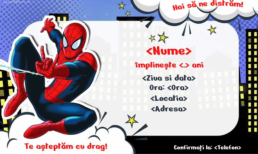 Invitație cu Spiderman pentru băiat | Personalizare invitatii la zi de ...