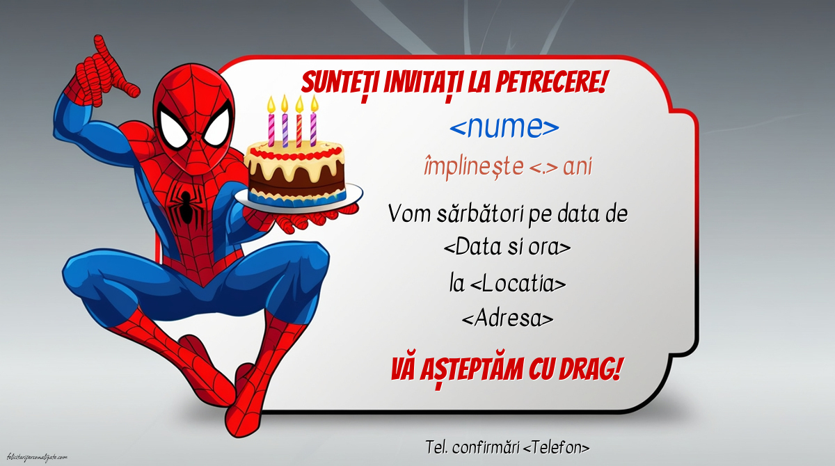 Invitație petrecere Spiderman cu tort pentru băieți | Personalizare ...