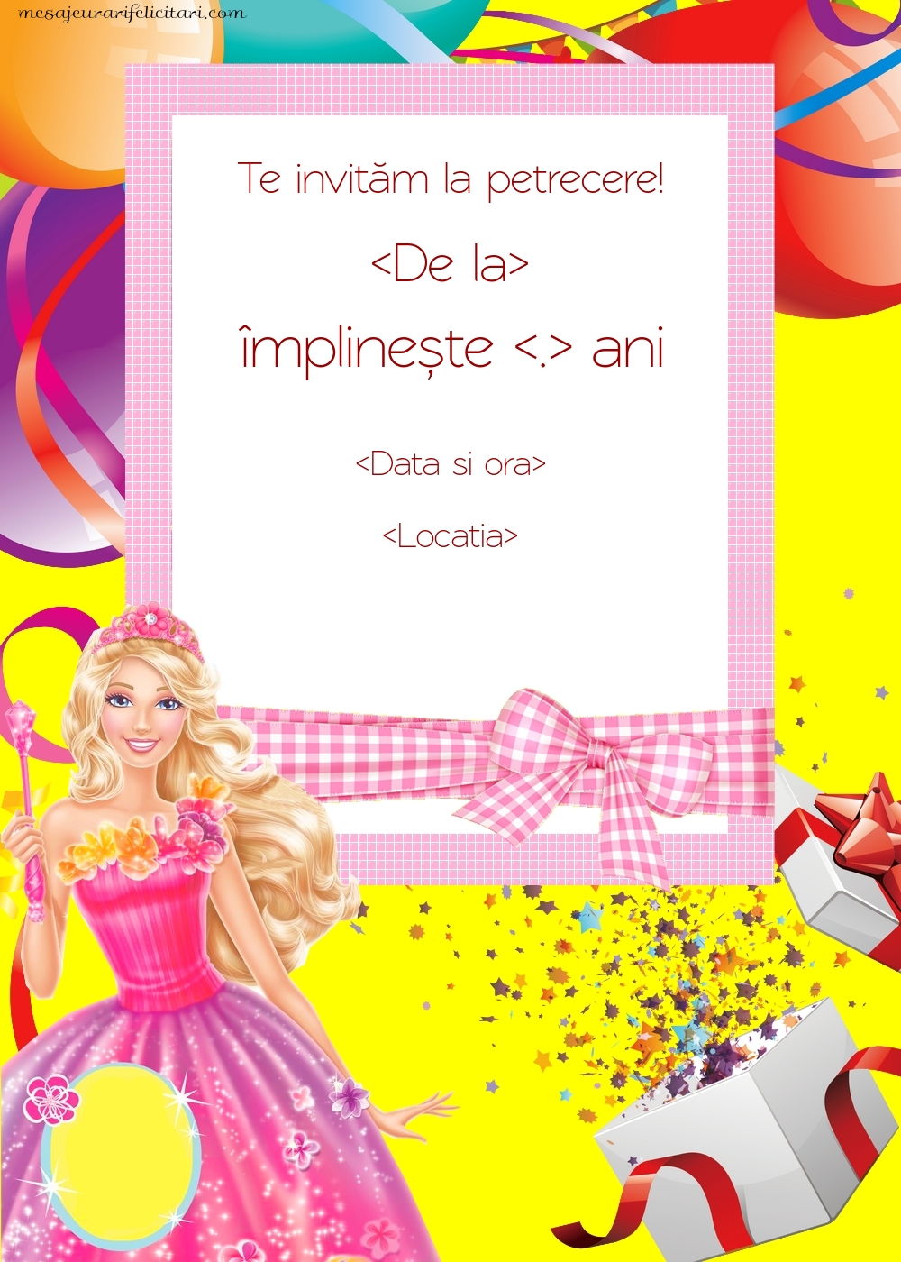 Invitație la petrecere cu prințesă, cadouri si baloane | Personalizare ...