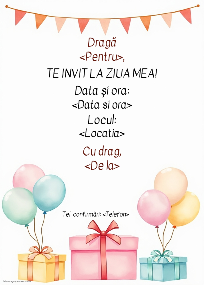 Invitație cu baloane tip formular editabilă online | Personalizare ...
