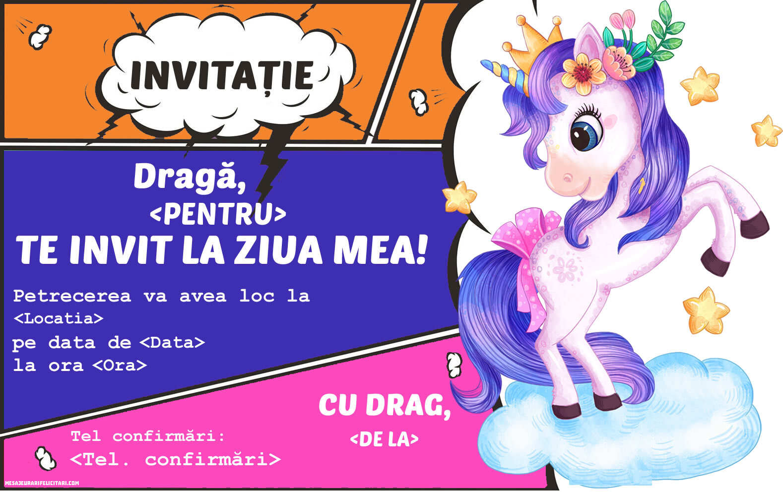 Invitație cu un unicorn simpatic | Personalizare invitatii la zi de ...