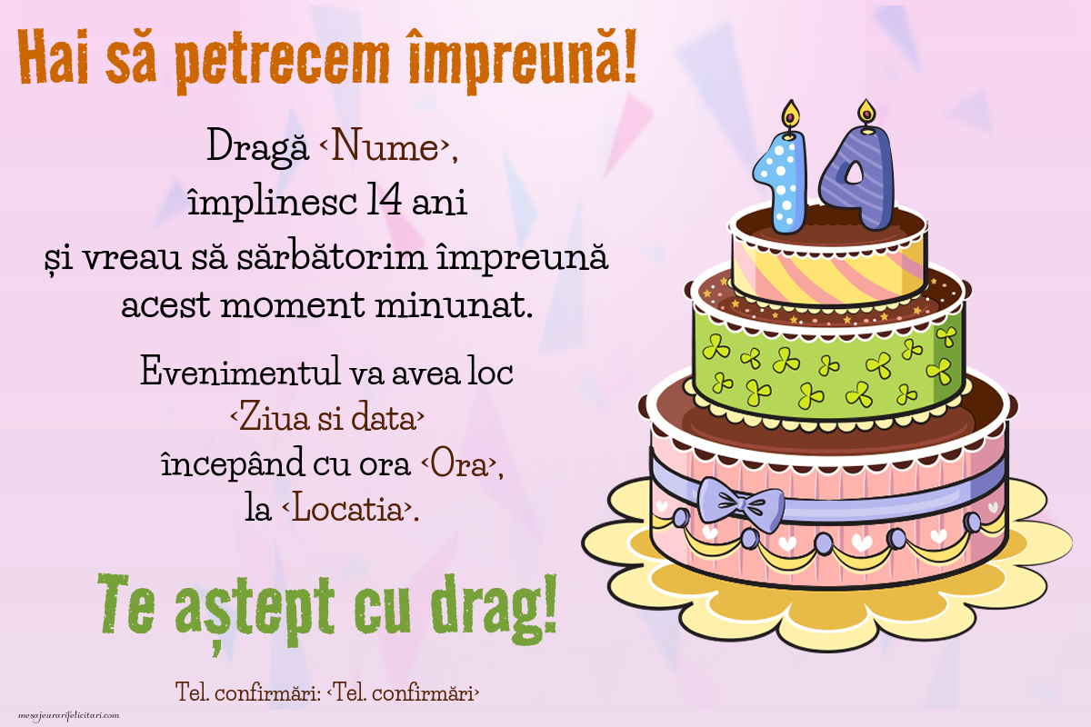 Invitație la aniversare 14 ani cu tort cu lumânare | Personalizare ...