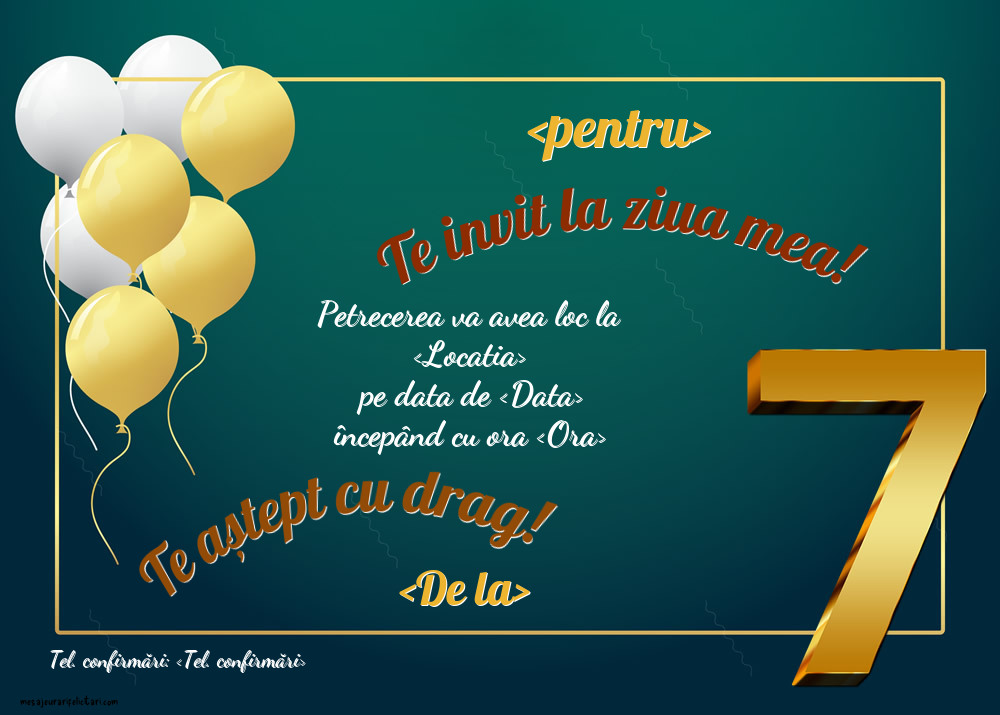 Invitație cu baloane albe și auriu pentru băieți sau fete cu vârsta de ...