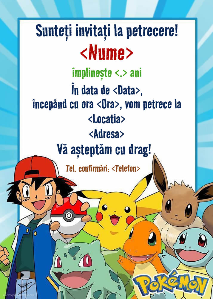 Model invitatie cu personaje din Pokemon | Personalizare invitatii la ...