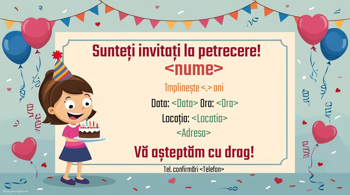 Invitație la petrecere cu o fetiță cu tort pe fundal cu baloane ...