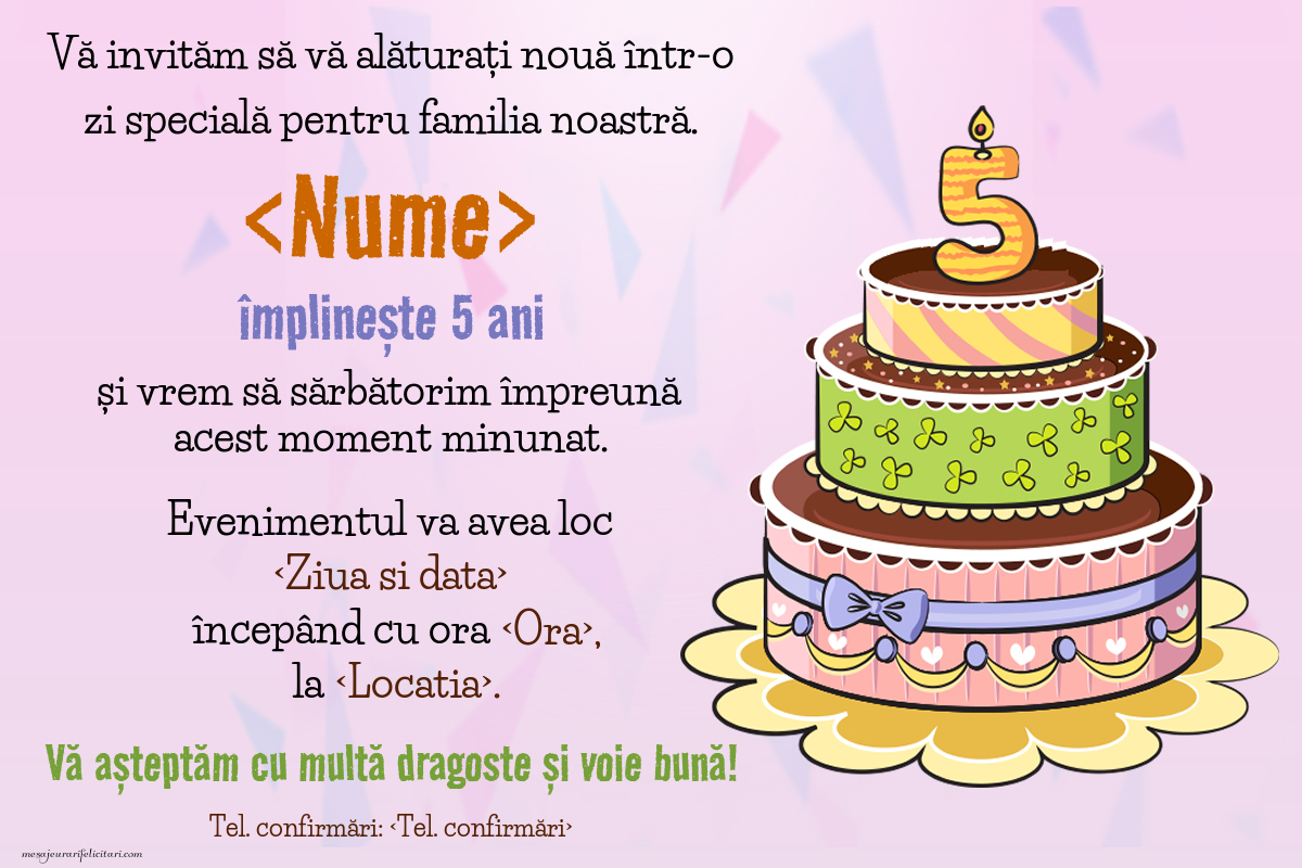 Invitație la aniversare 5 ani cu tort cu lumânare | Personalizare ...