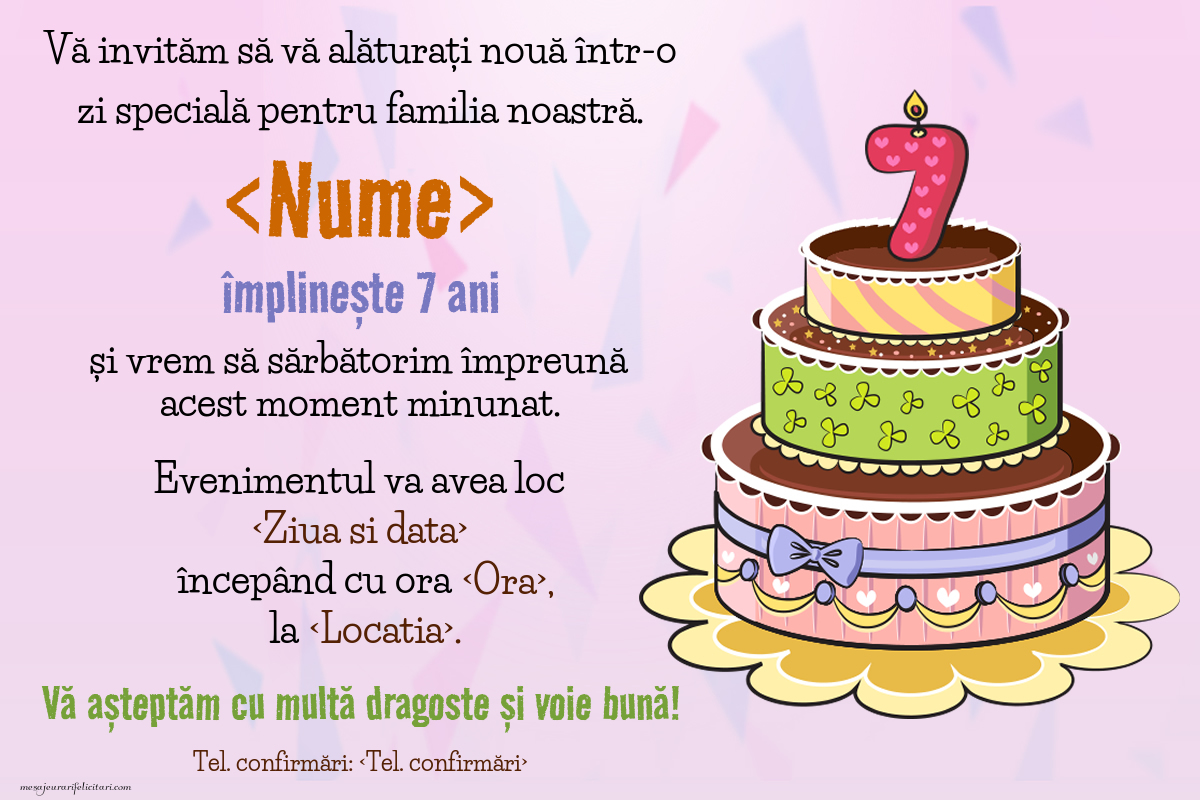 Invitație la aniversare 7 ani cu tort cu lumânare | Personalizare ...