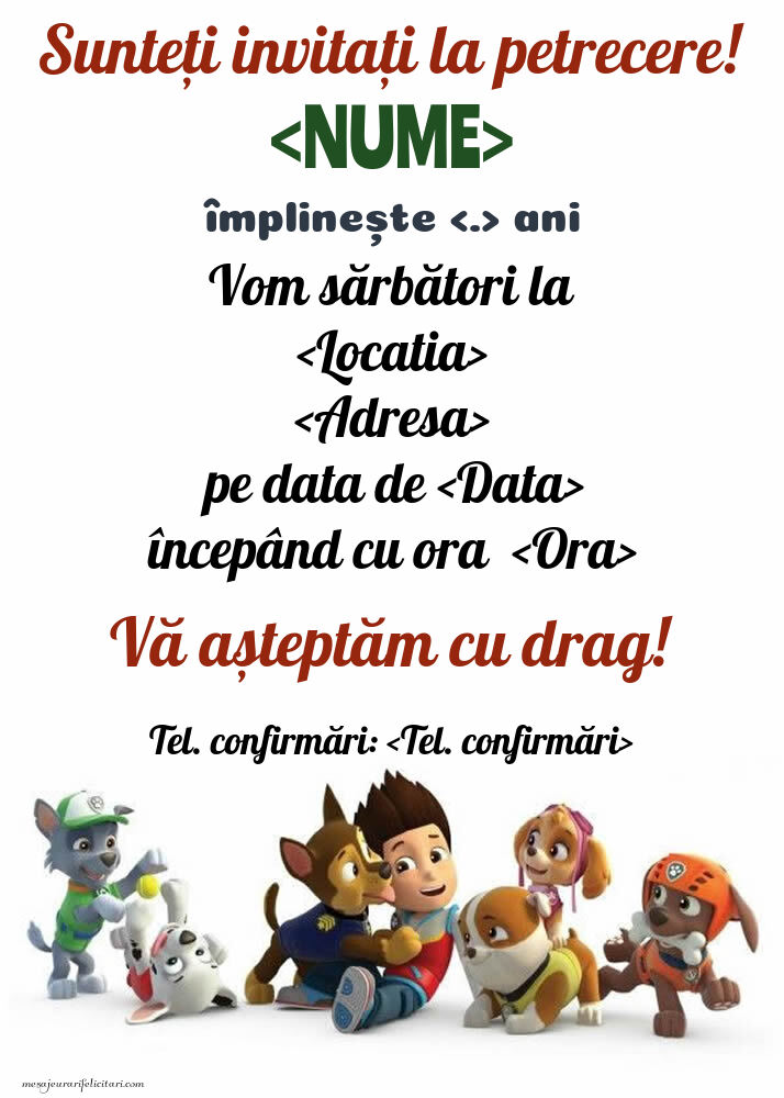 Invitatie cu Paw Patrol - Patrula Catelusilor pentru fete sau baieti ...