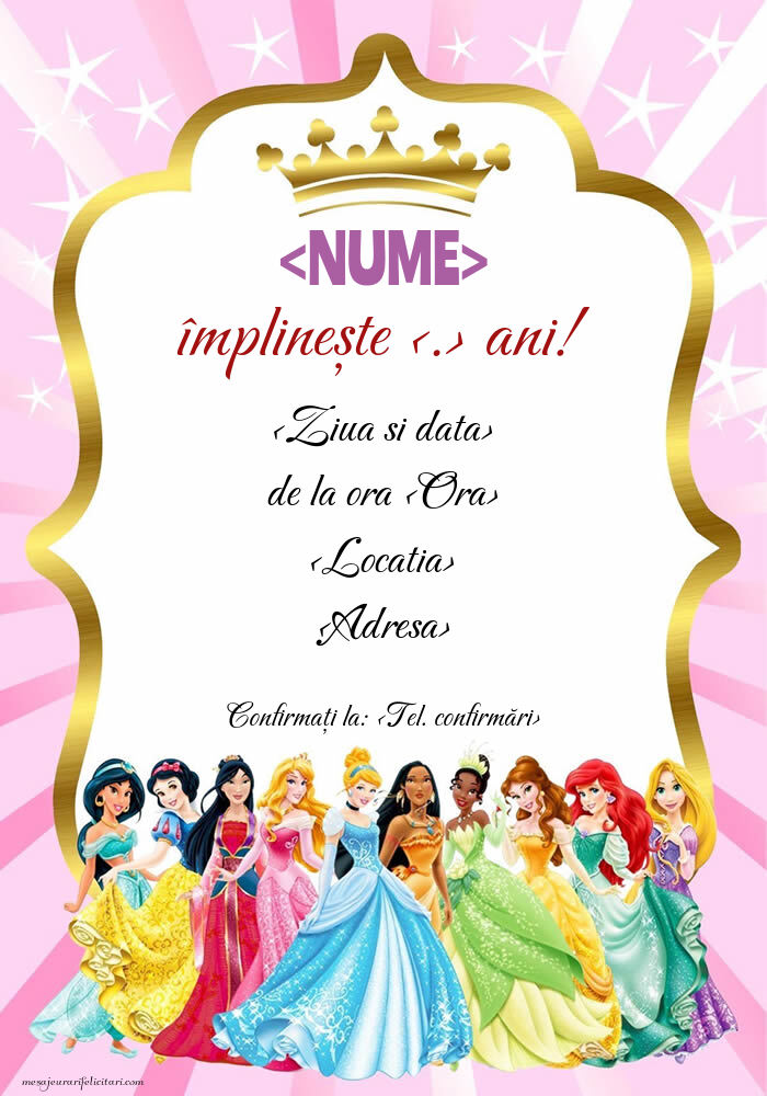 Invitatie cu printese pentru fata | Personalizare invitatii la zi de ...