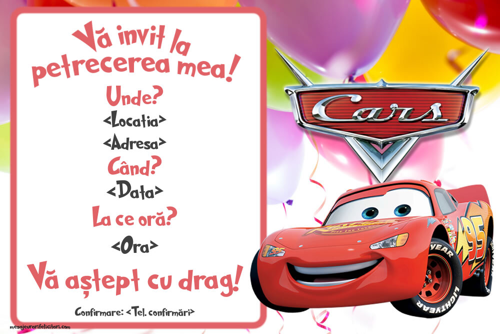 Invitatie cu fulger McQueen din Cars | Personalizare invitatii la zi de ...