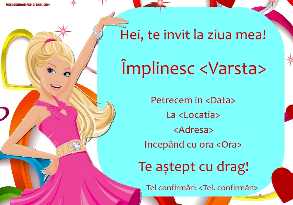 Invitație cu Barbie si background cu inimioare | Personalizare ...