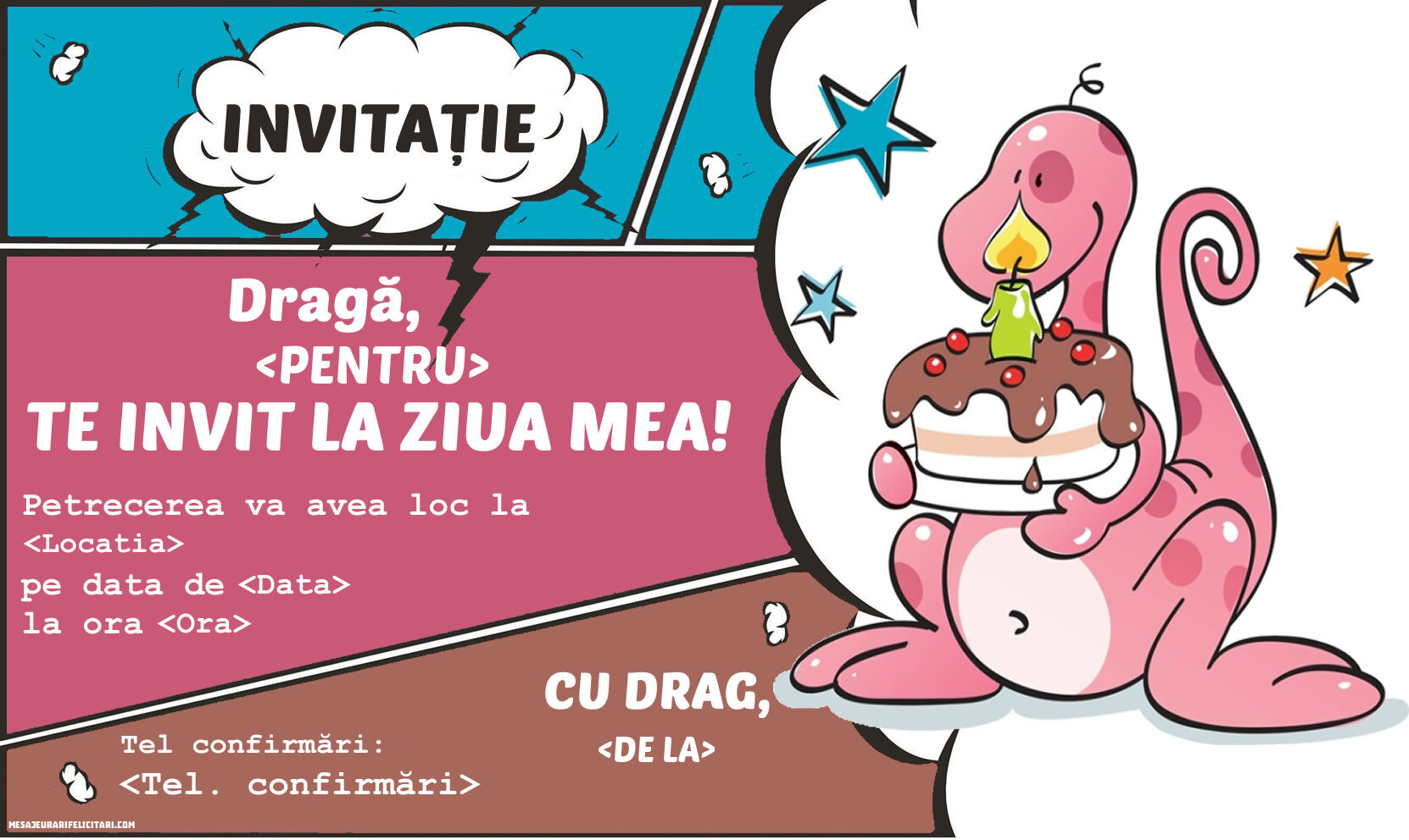 Invitație cu dinozaur roz cu tort | Personalizare invitatii la zi de ...