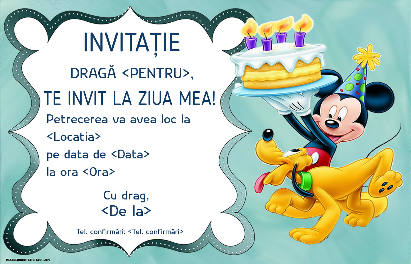 Invitație cu mickey mouse si pluto cu tort | Personalizare invitatii la ...