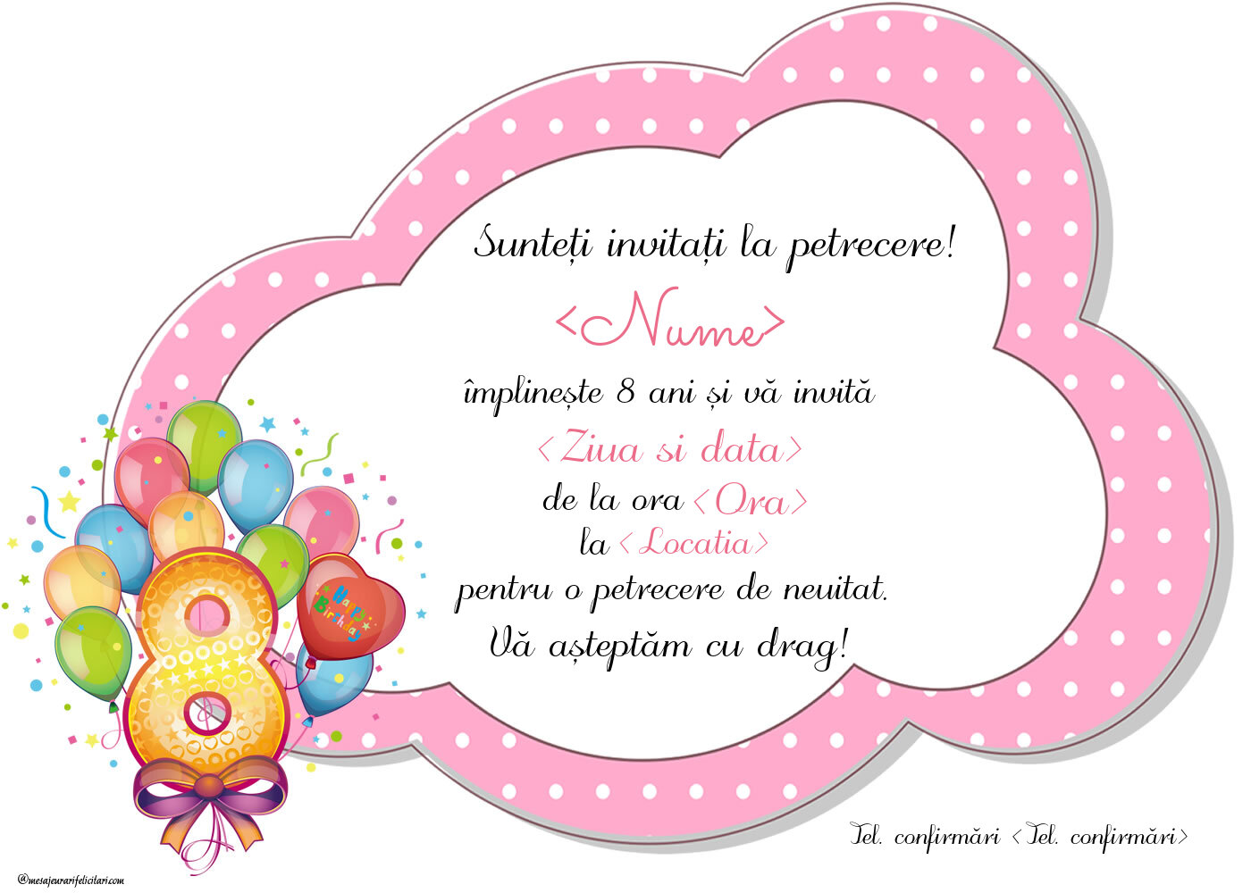 Invitație aniversare 8 ani pentru fete | Personalizare invitatii la zi ...