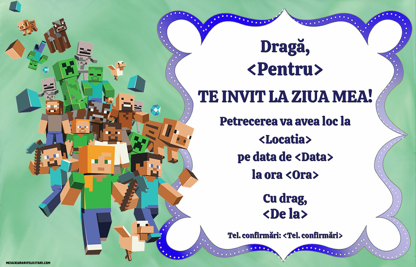 Model invitație cu Minecraft | Personalizare invitatii la zi de naștere ...