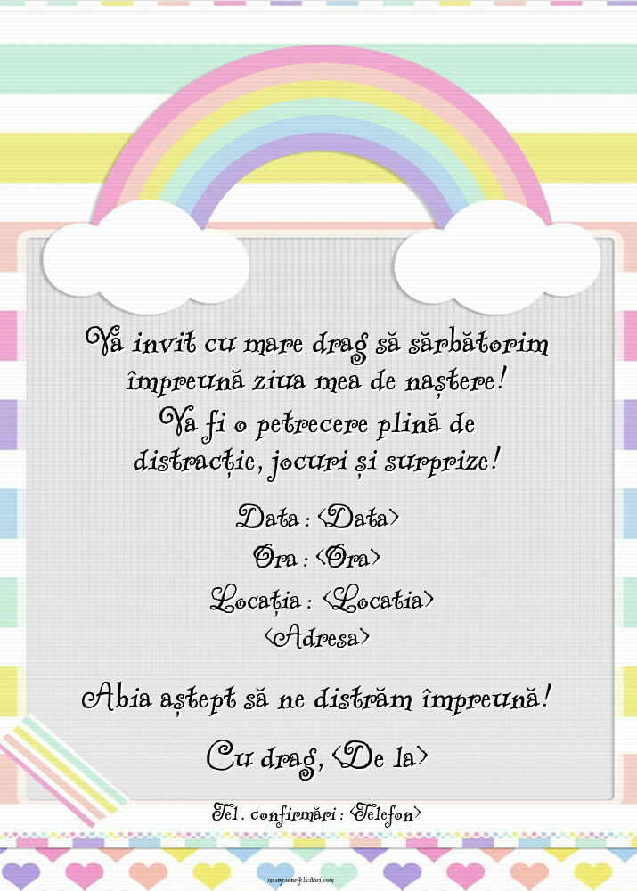 Invitație cu curcubeu | Personalizare invitatii la zi de naștere copii ...