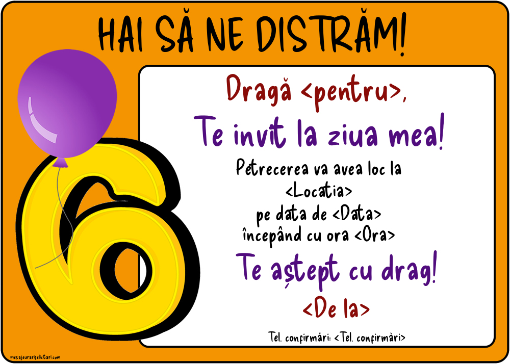 Model invitatie zi de nastere copii 6 ani | Personalizare invitatii la ...