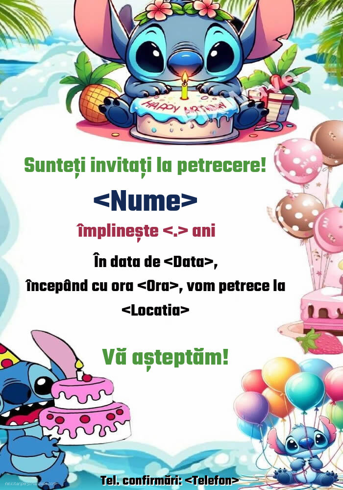Invitatie cu Stitch, baloane și tort | Personalizare invitatii la zi de ...