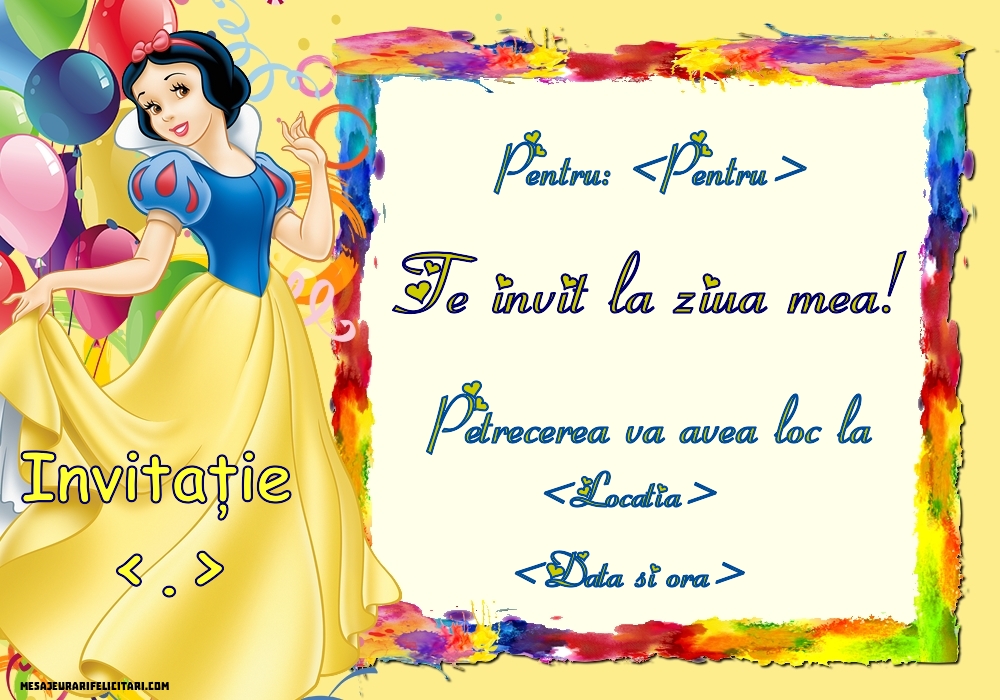 Invitație personalizată pentru petrecere de copii cu Albă ca Zăpada ...