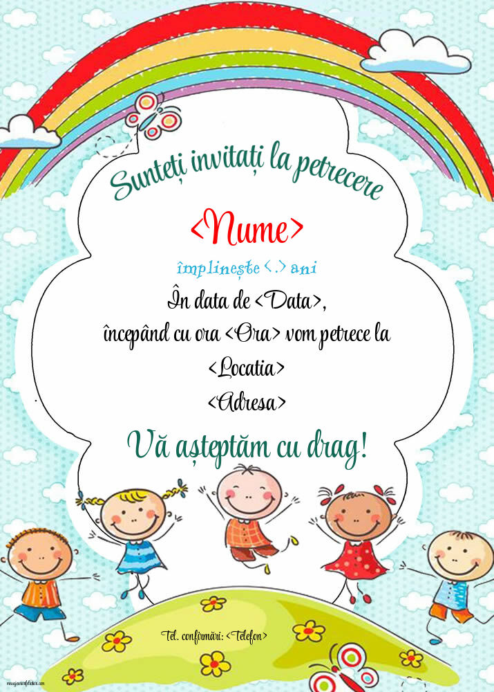 Invitație cu curcubeu și copii la petrecere | Personalizare invitatii ...