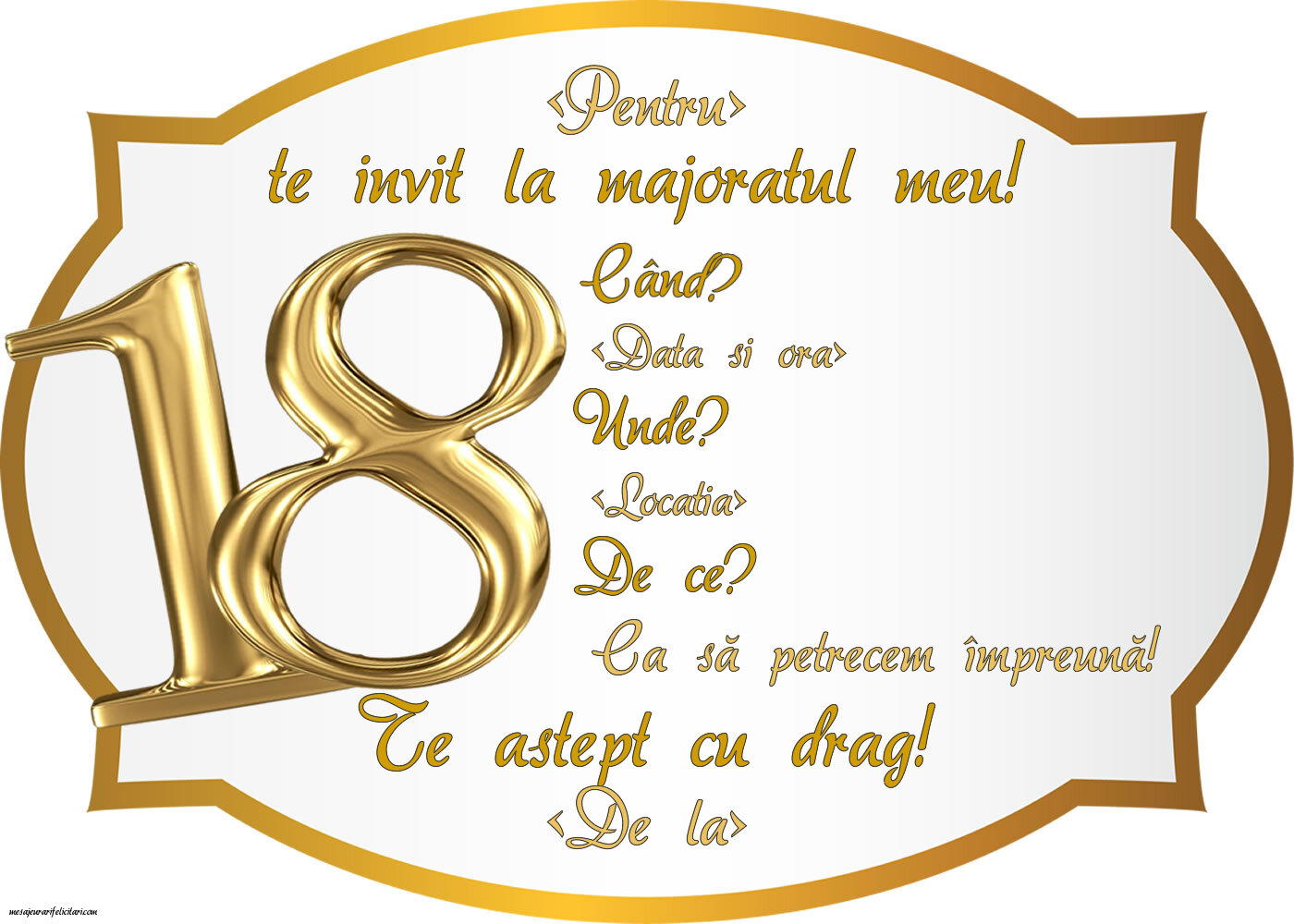 18 ani - Model auriu cu numele destinatarului | Personalizare invitatii ...
