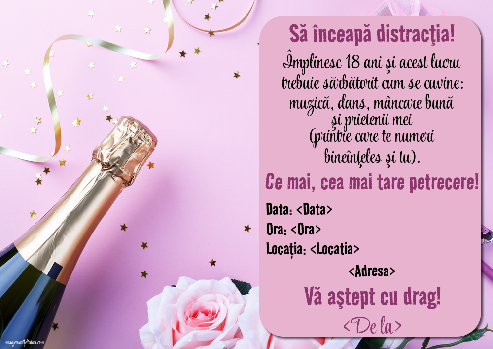 Model invitație cu șampanie, flori și confeti pentru fete ...