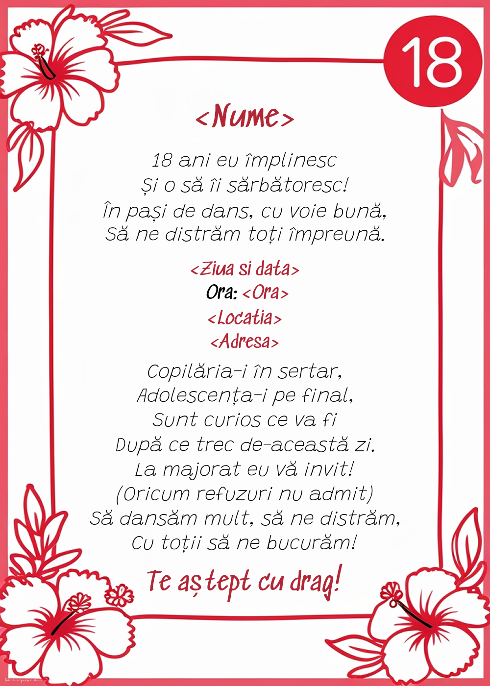 Personalizare invitatii la Majorat - 18 ani | felicitaripersonalizate.com