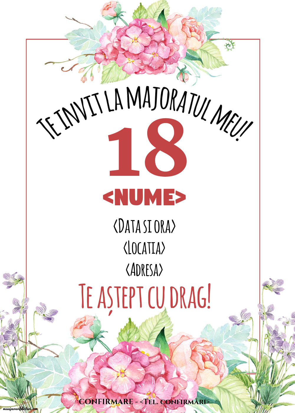 Invitatie aniversare 18 ani model cu flori pentru fete | Personalizare ...