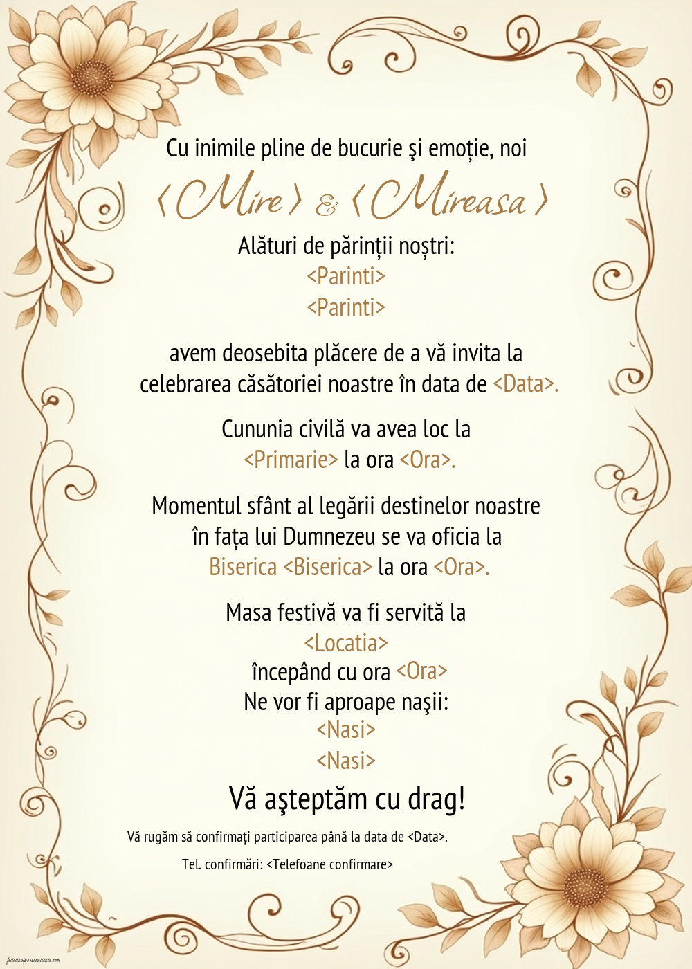 Model invitație căsătorie cu modele florale bej | Personalizare ...