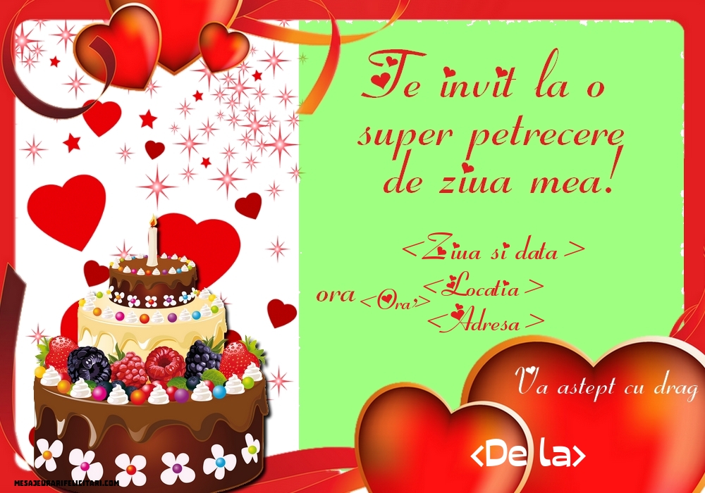 Te invit la o super petrecere de ziua mea! - model cu multe inimi roșii ...