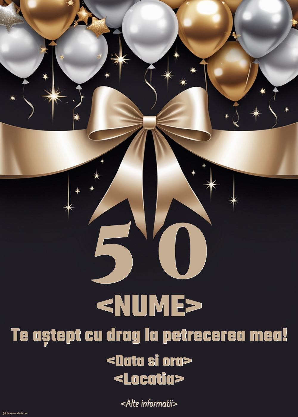 Invitatie aniversare 50 ani model elegant cu baloane albe și aurii ...