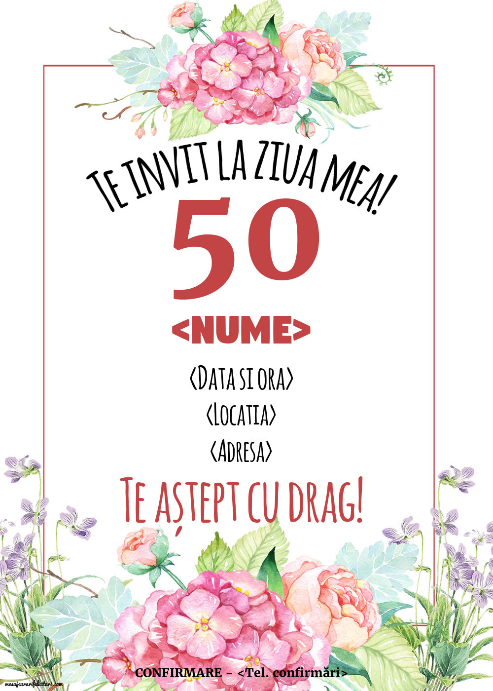 Invitatie aniversare 50 ani model cu flori pentru femei | Personalizare ...