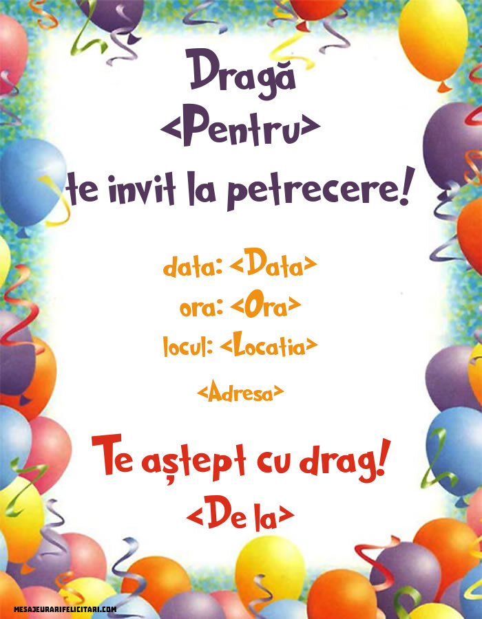 Te invit la petrecere! - invitatie cu baloane | Personalizare invitatii ...