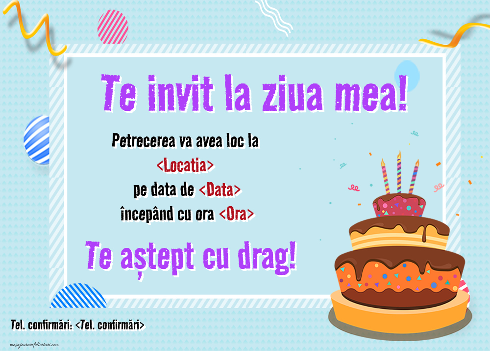 Invitație editabila online simpla cu tort pe fundal albastru ...