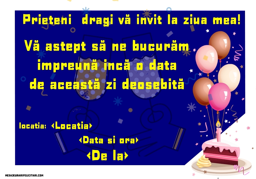 Invitatie personalizată cu tort si baloane colorate | Personalizare ...