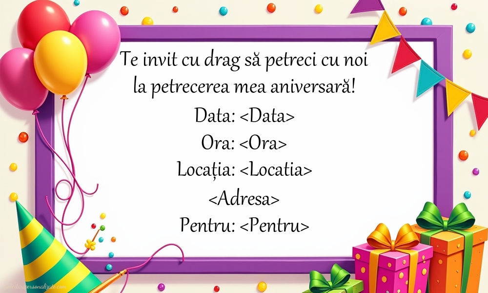 Invitație online gratis cu nume: Te invit cu drag să petreci cu noi la petrecerea mea aniversară ...